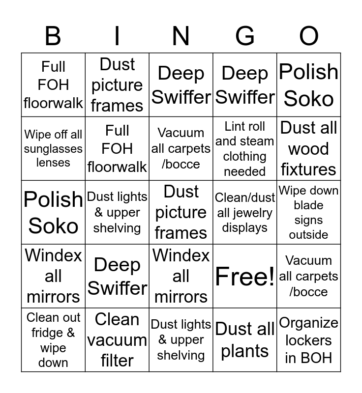 Cleaning Up Contest Bingo Card