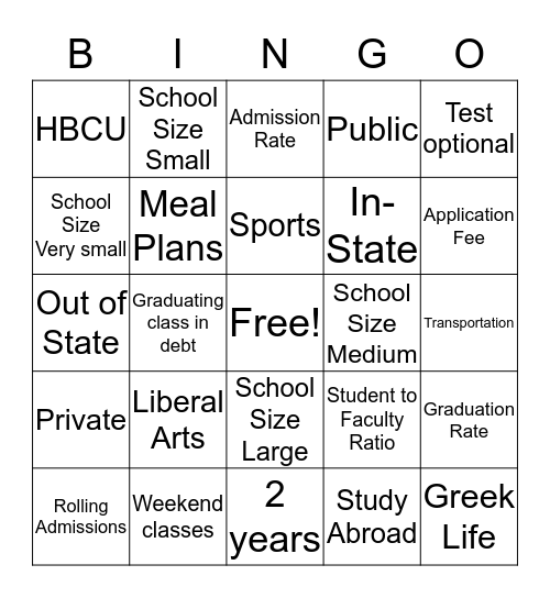 College Bingo Card