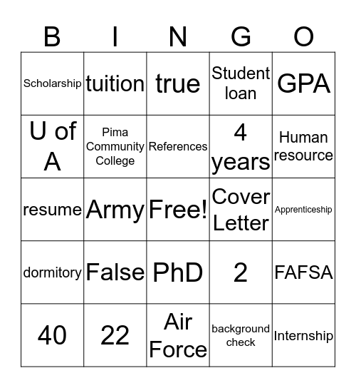 College & Career Bingo Card