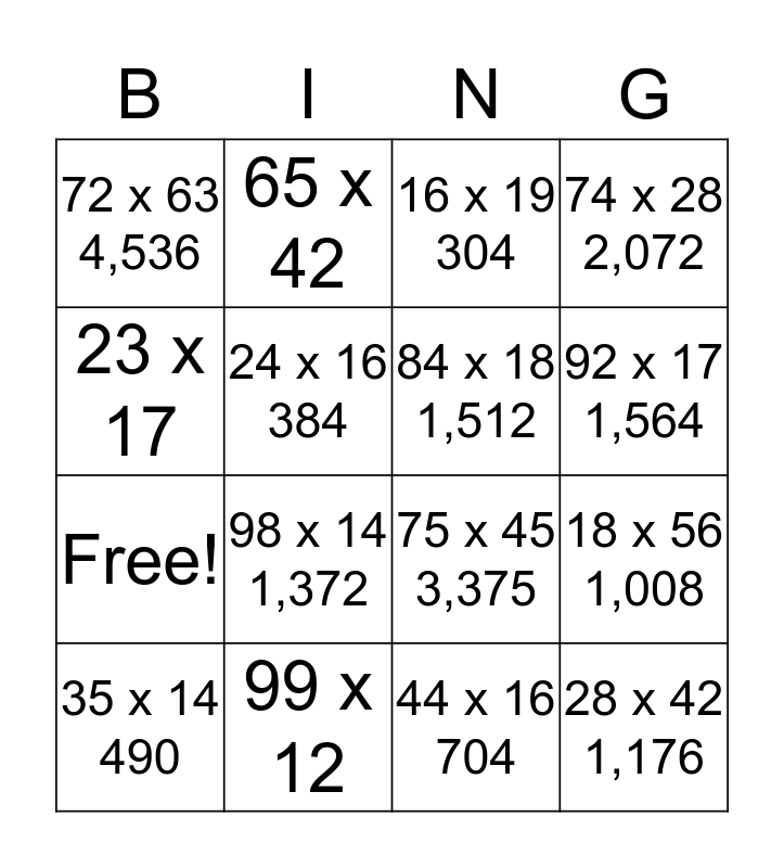 Double Digit Multiplication Bingo Card