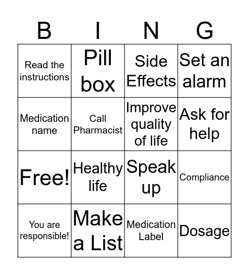 Medication Compliance Bingo Card