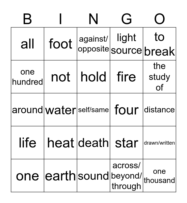 Root Word Bingo Card