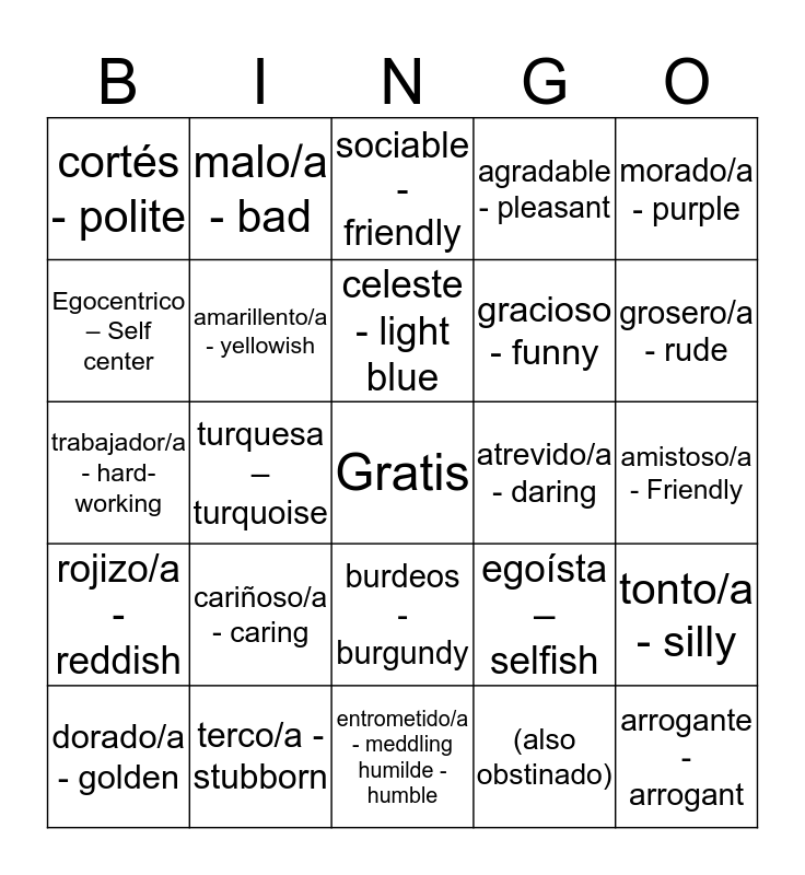 Adjetivos Bingo Card