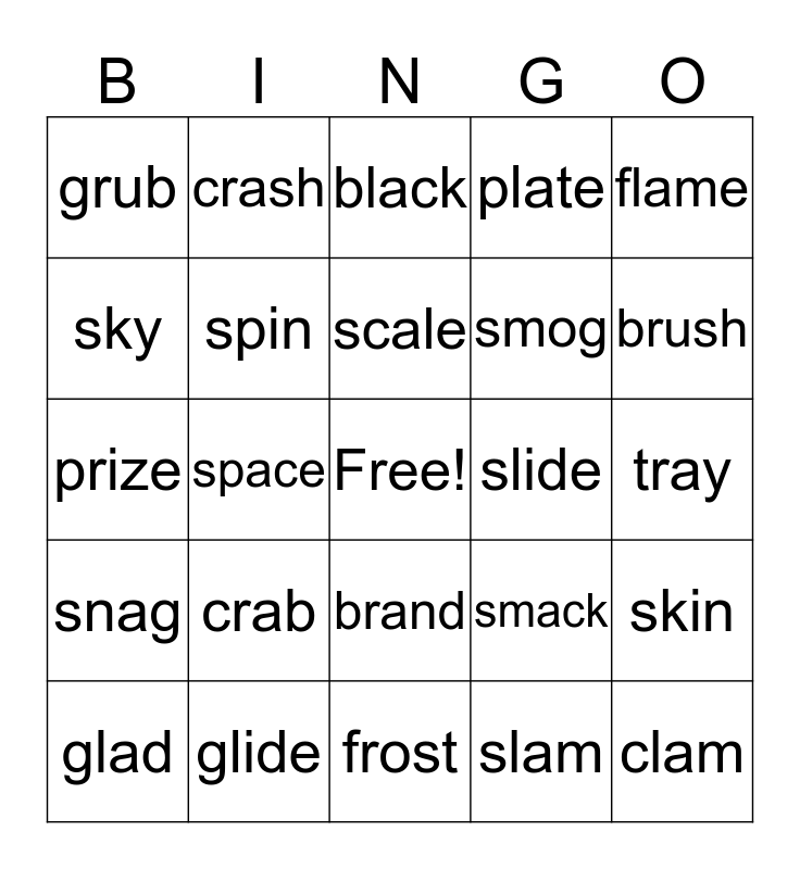 S-Blends, L-Blends, R-Blends Bingo Card