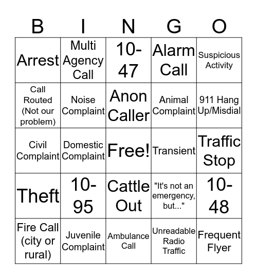Dispatcher Bingo Card