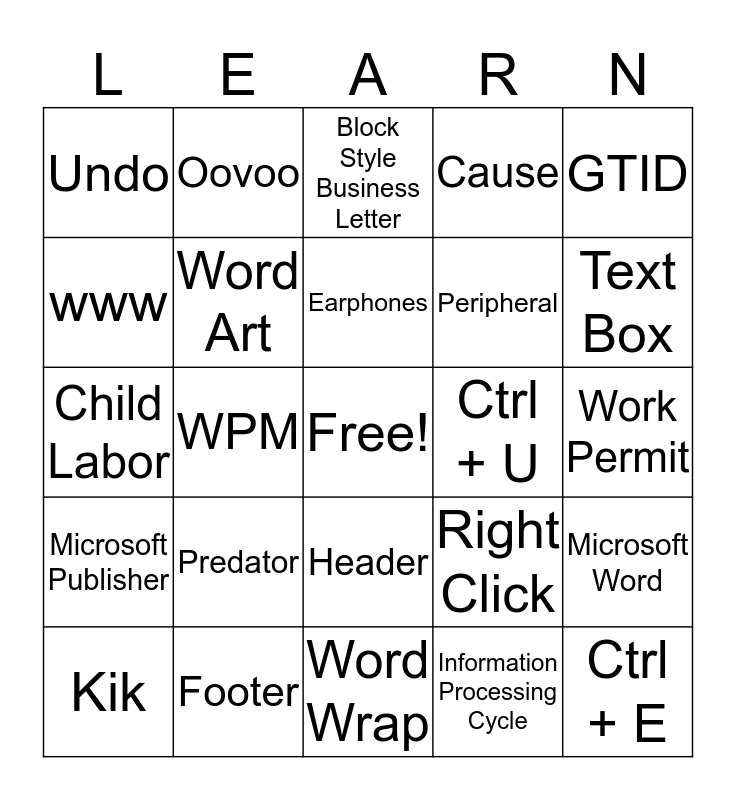 Keyboarding Bingo Card