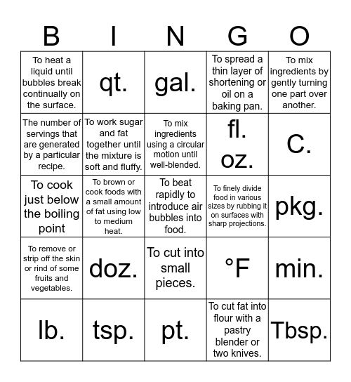 Cooking Terminology Bingo Card