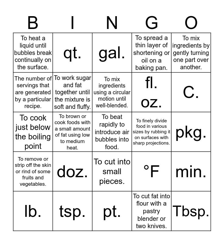 Cooking Terminology Bingo Card