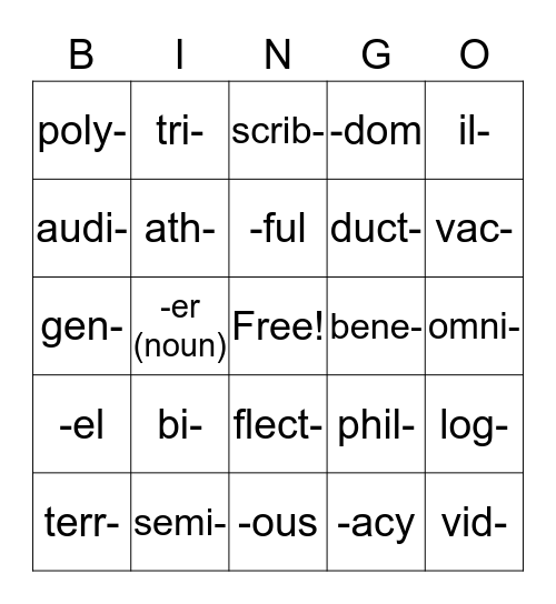 Greek & Latin Root Word Bingo Card