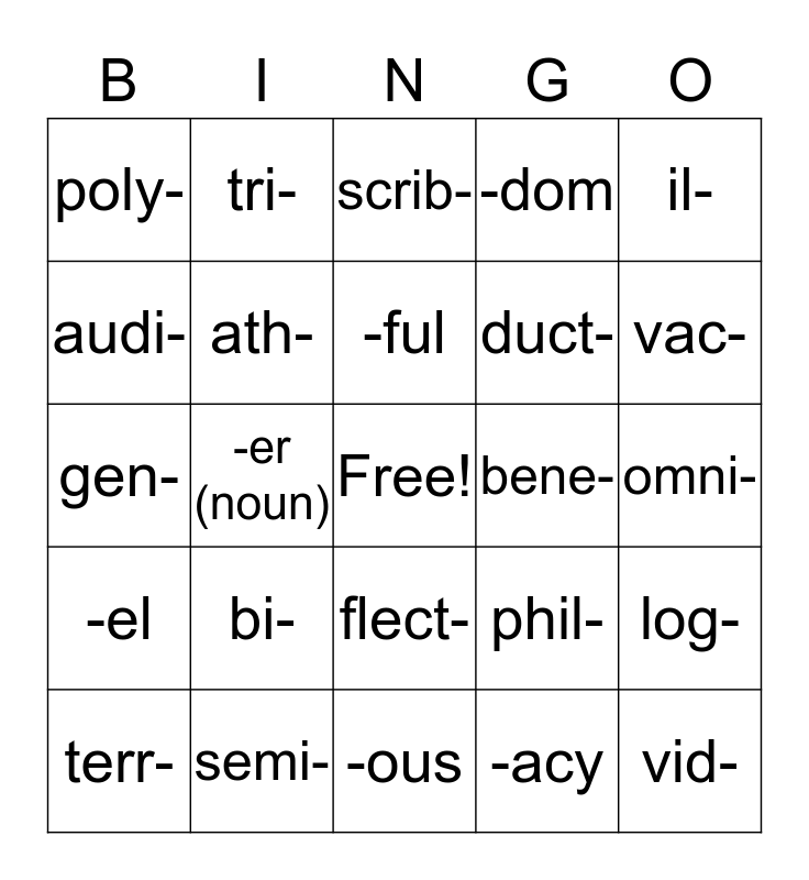 Greek & Latin Root Word Bingo Card