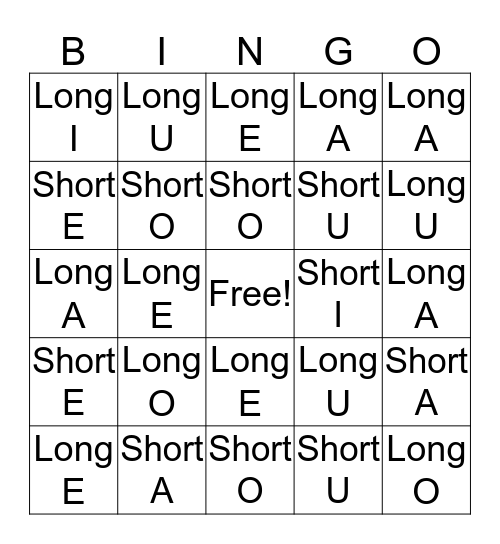 Long and Short Vowels Bingo Card