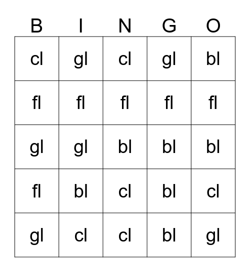 bl, cl, fl, gl words Bingo Card