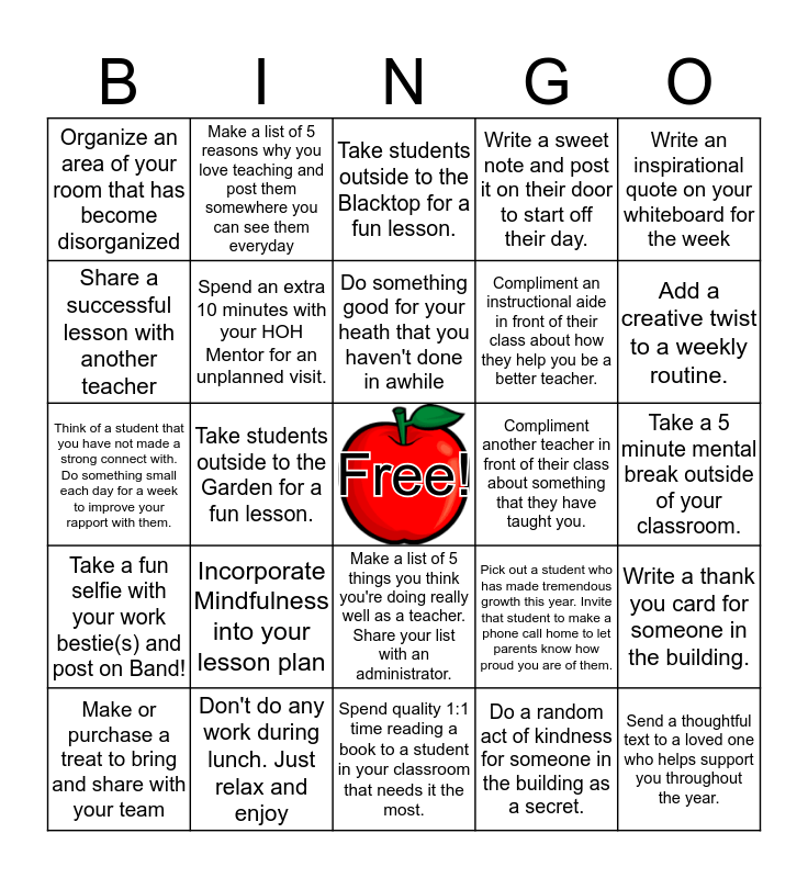 Happy Teacher BINGO Card