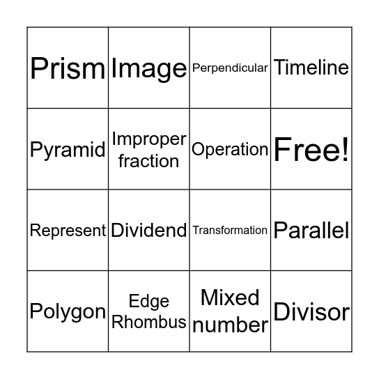 MCA Math Vocabulary Bingo Card