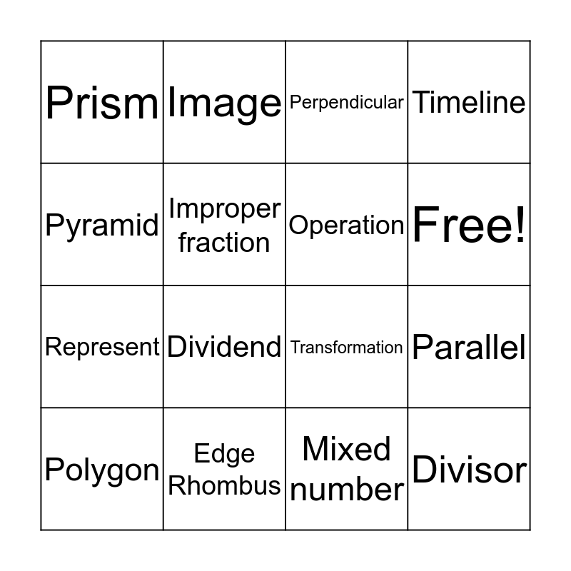MCA Math Vocabulary Bingo Card