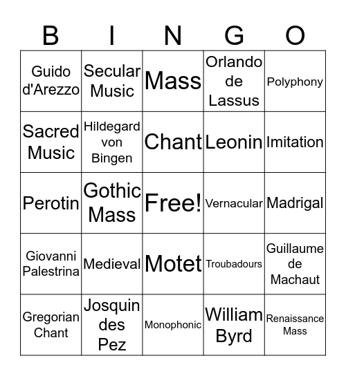 Medieval and Renaissance Review Bingo Card