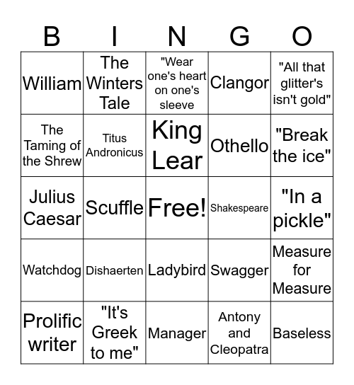 SHAKESPEARE Bingo Card