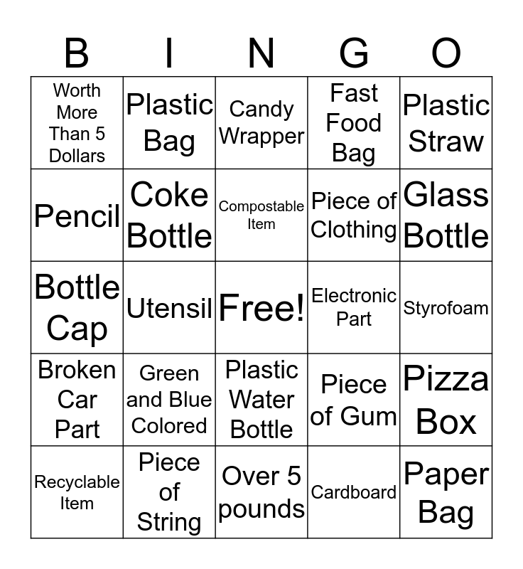 Trash Pickup Bingo Card
