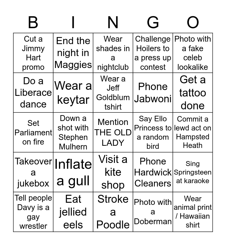 WITZ INVADES LONDON BINGO Bingo Card