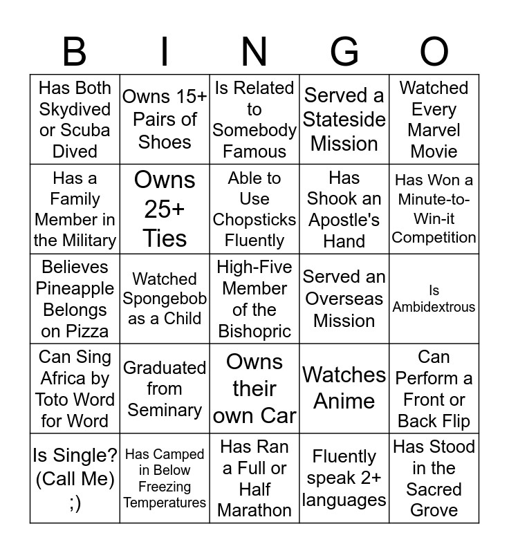 Rexburg 55th YSA Bingo Card