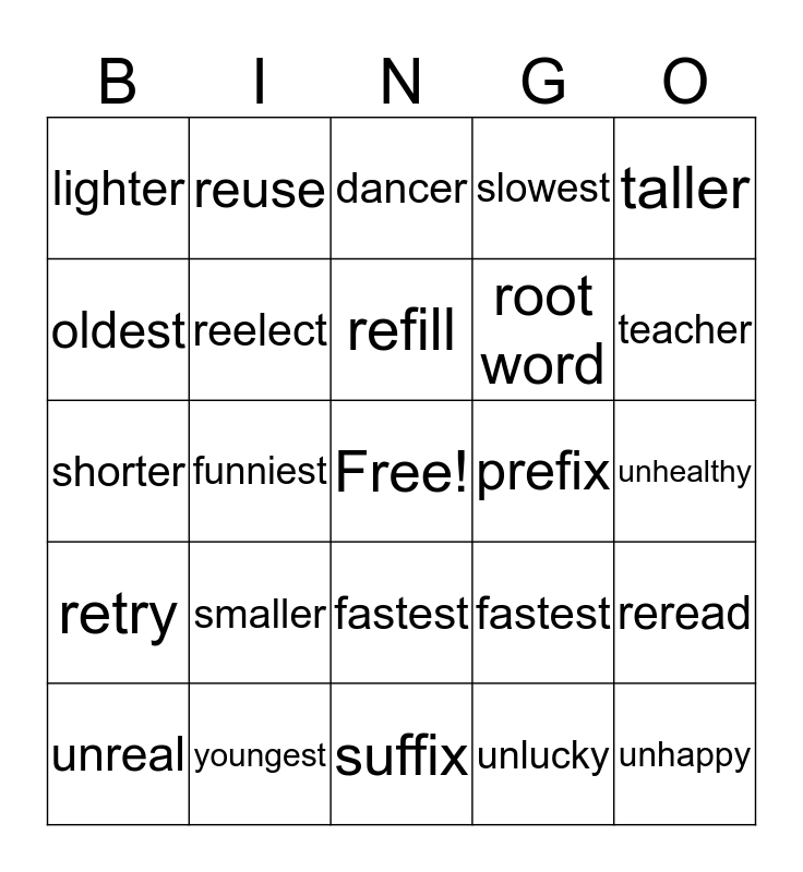 Prefix and Suffix Bingo Card