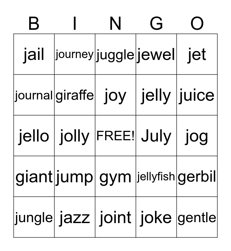 J Bingo (initial) Bingo Card
