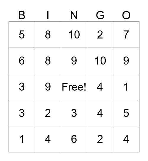 Number Bingo 1-10 Bingo Card