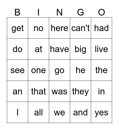 1G ARC Words Bingo Card