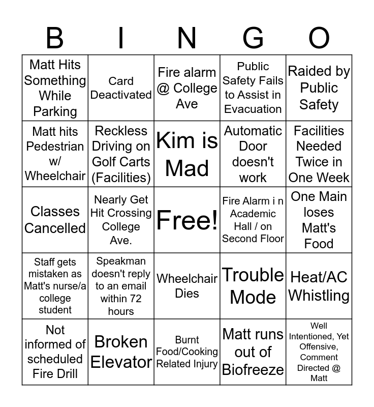 Matt & Staff "What could go Wrong?!" Bingo, Fall 2019 Bingo Card