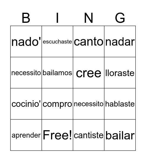 AR, ER, IR Verbs Bingo Card