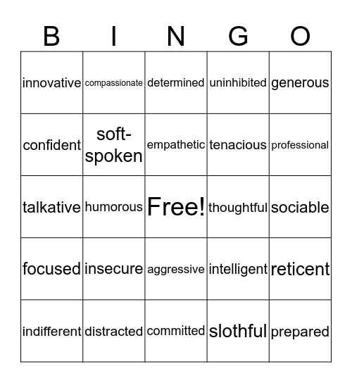 Adjective Bingo Card