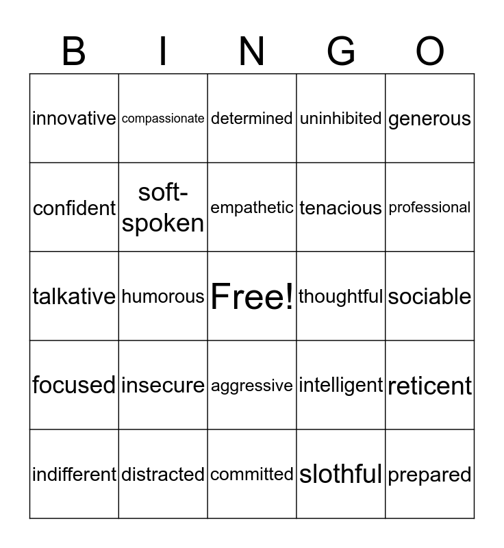 Adjective Bingo Card