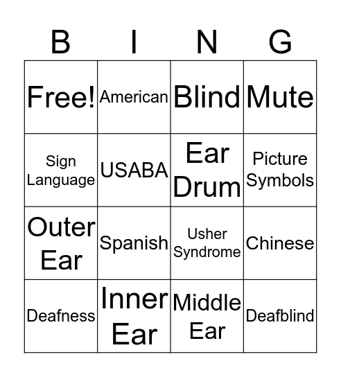 American Sign Language Bingo Card