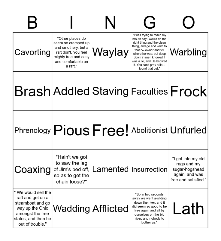 Huck Finn Bingo Card