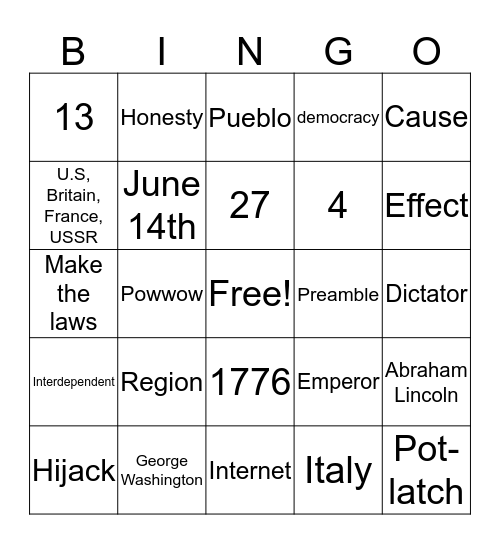 Social Studies Bingo Card