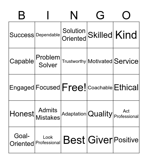 Core Values Bingo Card
