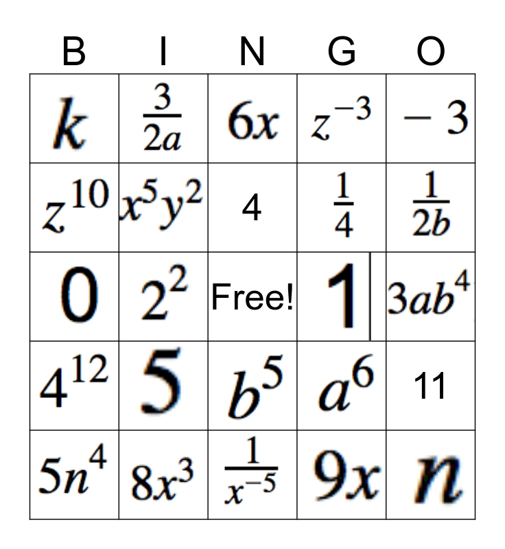 Law's of Exponents Bingo Card