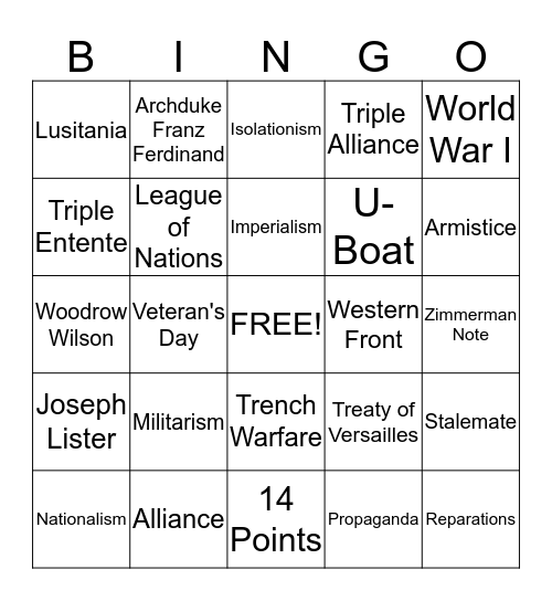 World War 1 Bingo Card