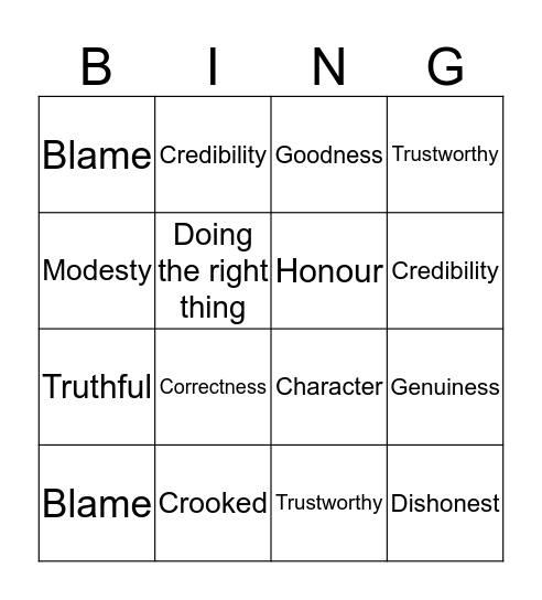 Integrity Bingo Card