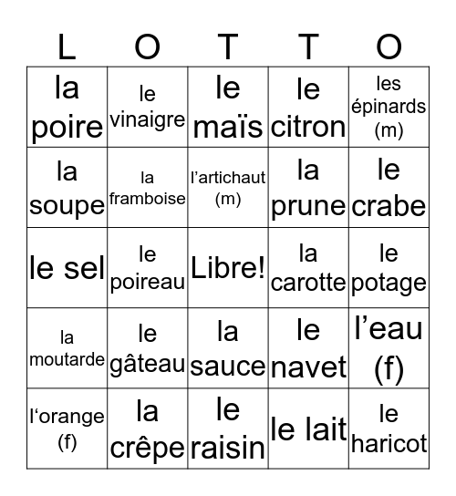 Manger et Boire Bingo Card