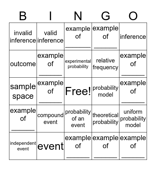 Probability Bingo Card