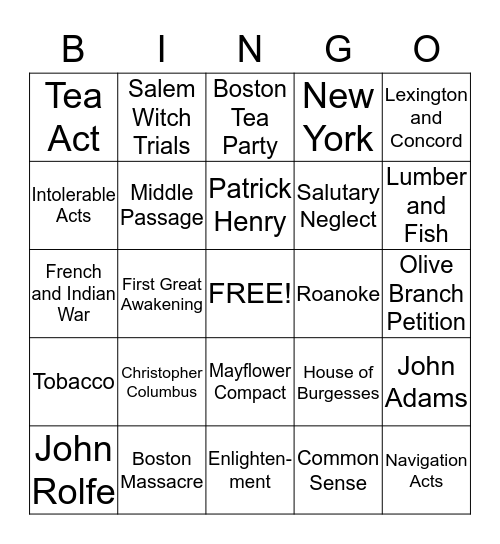 Colonial BINGO Card