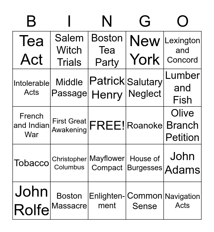 Colonial BINGO Card