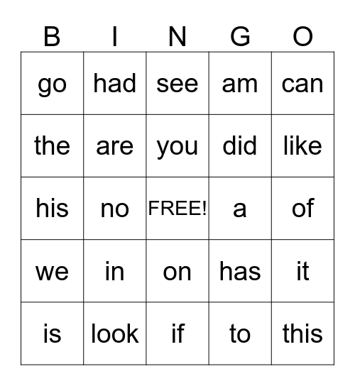Beginning High Frequency Sight Words Bingo Card