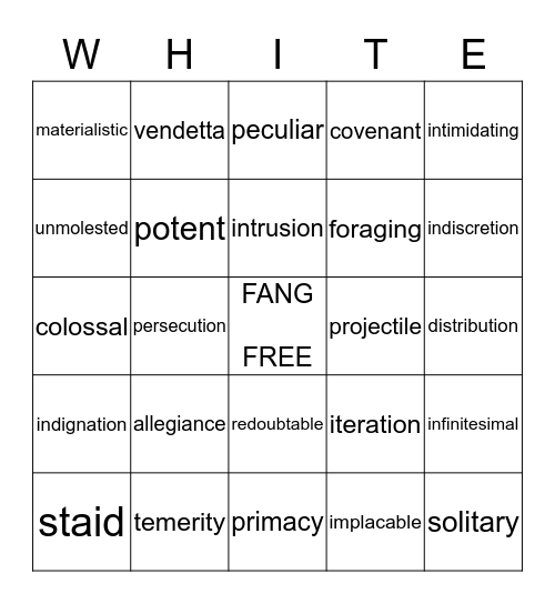 White Fang Vocabulary Bingo Card
