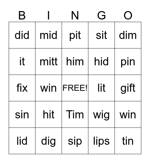short I Bingo (first grade) Bingo Card