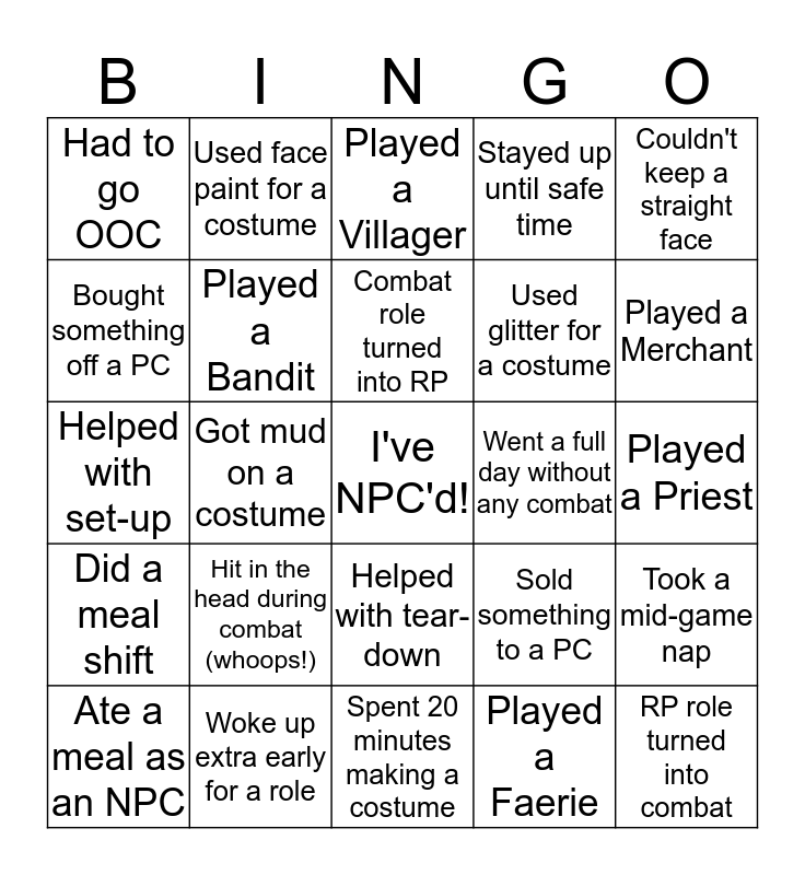 Gothic LARP NPC Bingo Card