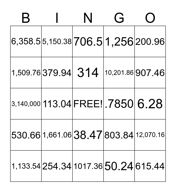 Circles/Area Bingo Card