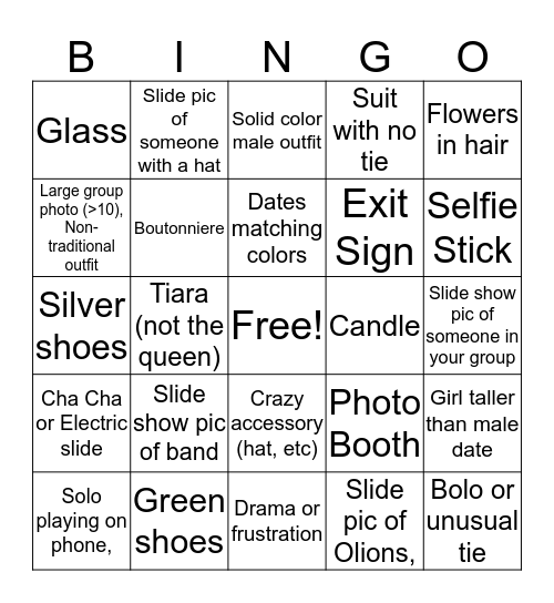 Prom Bingo Card