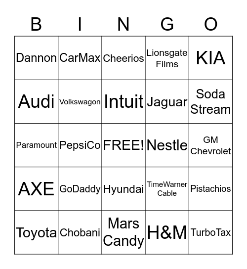 Super Bowl Commercial Bingo Card